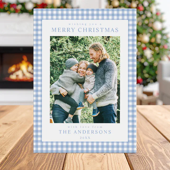 Blue Gingham Christmas Photo Holiday Card | Zazzle