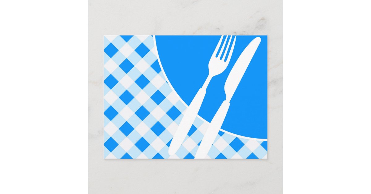 Blue Gingham & Cutlery Postcard | Zazzle