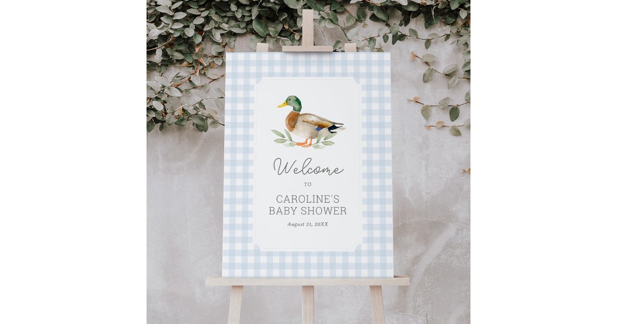 Blue Gingham Duck Baby Shower Welcome Sign | Zazzle