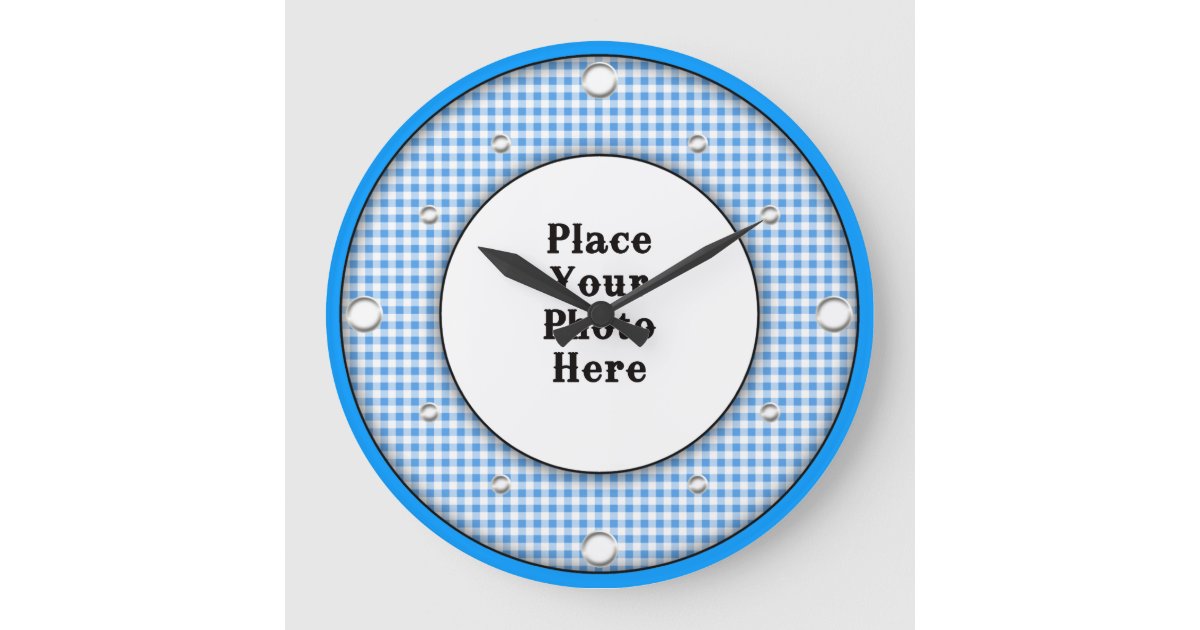 Blue Gingham Frame Your Photo Wall Clock | Zazzle