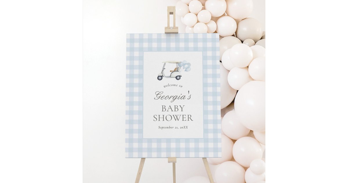 Blue Gingham Golf Baby Shower Welcome Sign | Zazzle