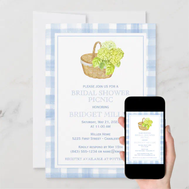 Blue Gingham Hydrangea Flower Basket Invitation | Zazzle