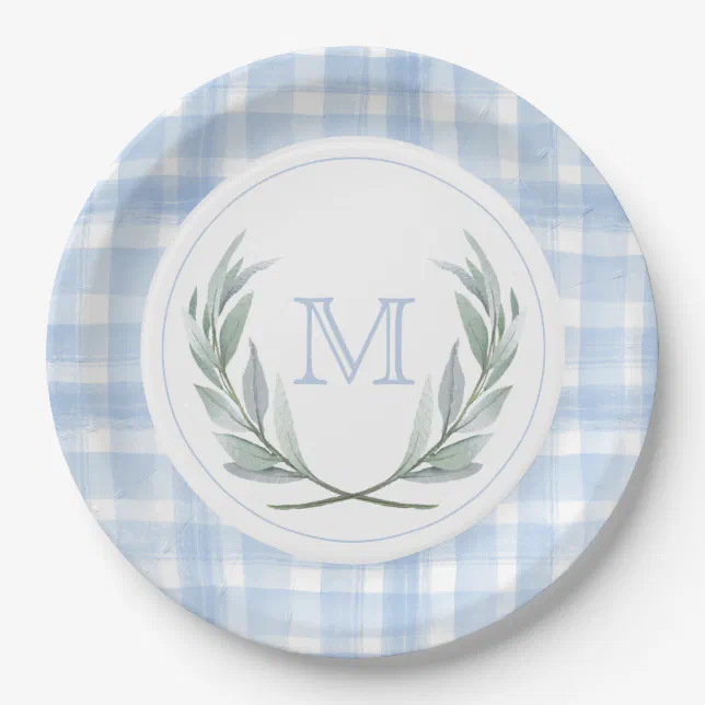 Blue Gingham Laurel Crest Paper Plates | Zazzle
