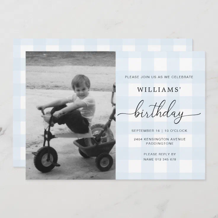 Blue Gingham Photo Birthday Invitation | Zazzle