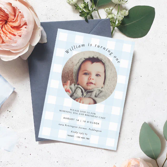 Blue Gingham Photo Birthday Invitation | Zazzle