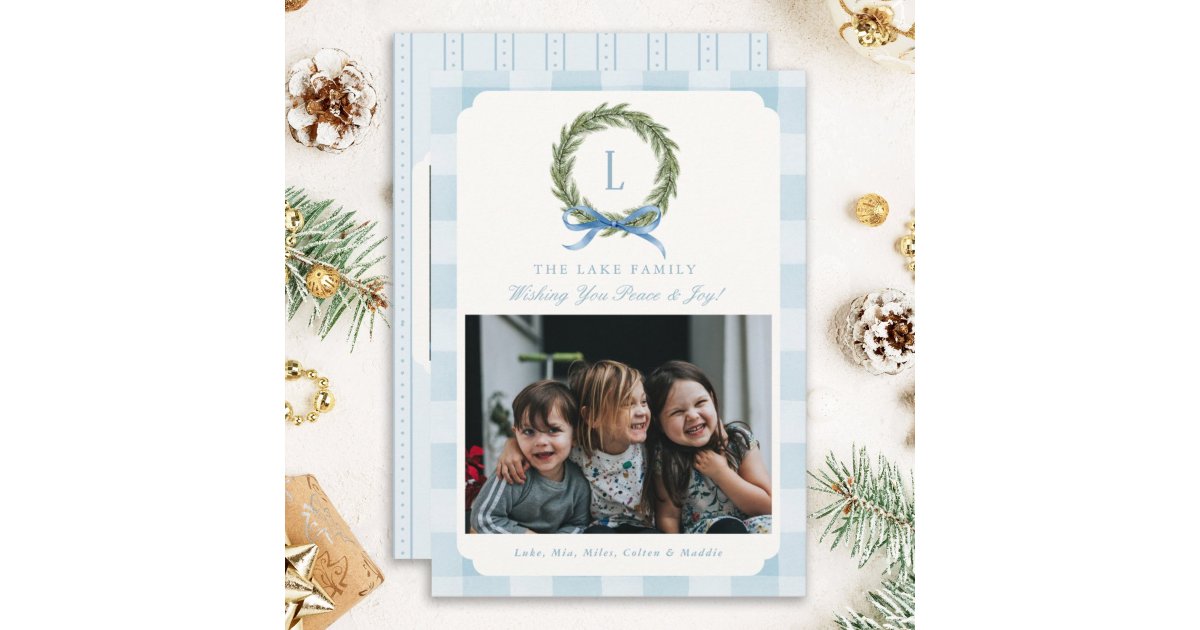 Blue Gingham Photo Christmas Cards Monogram Wreath | Zazzle