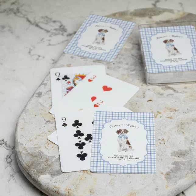 Blue Gingham | Spaniel Dog Illustration Wedding Poker Cards | Zazzle