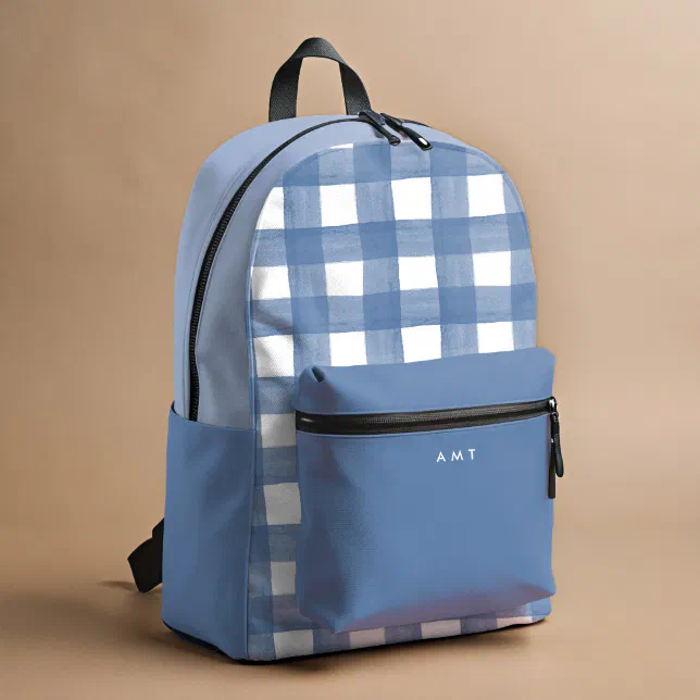 Blue Gingham Watercolor Personalized Name Initials Printed Backpack ...