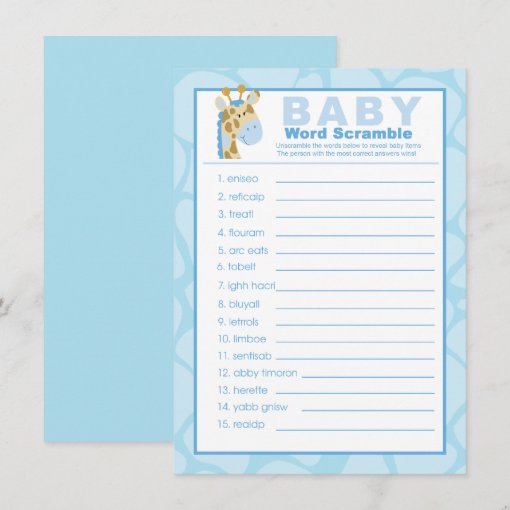 Blue Giraffe Baby Shower Word Scramble Game | Zazzle