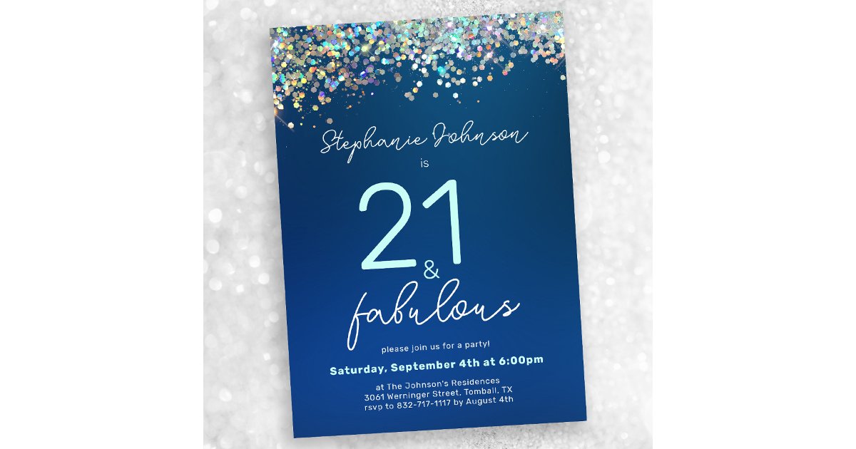 Blue Glitter 21 and Fabulous 21st Birthday Party Invitation | Zazzle