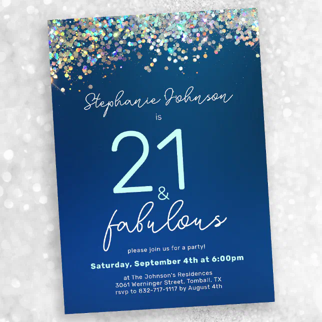 Blue Glitter 21 and Fabulous 21st Birthday Party Invitation | Zazzle