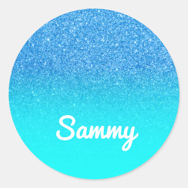 Blue Glitter and Aqua Ombre Personalized Classic Round Sticker | Zazzle