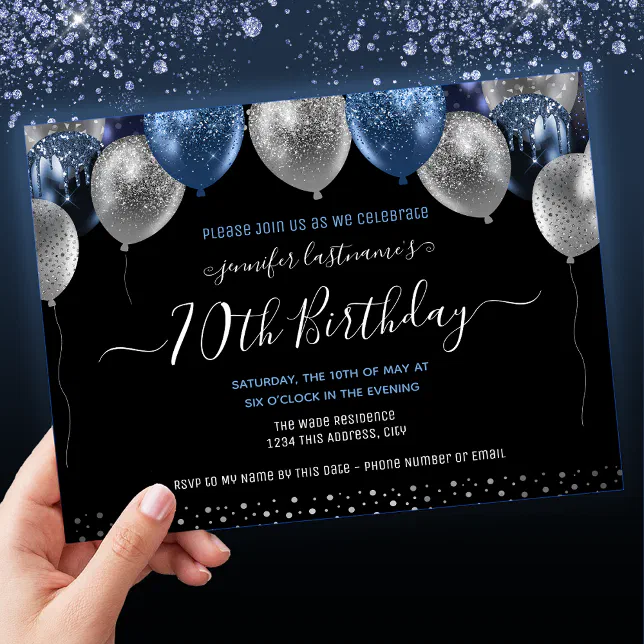 Blue Glitter Balloons 70th Birthday Party Invitation | Zazzle