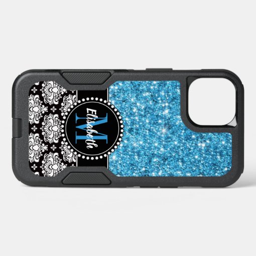Blue Glitter Damask Personalized Monogrammed Otterbox iPhone Case | Zazzle