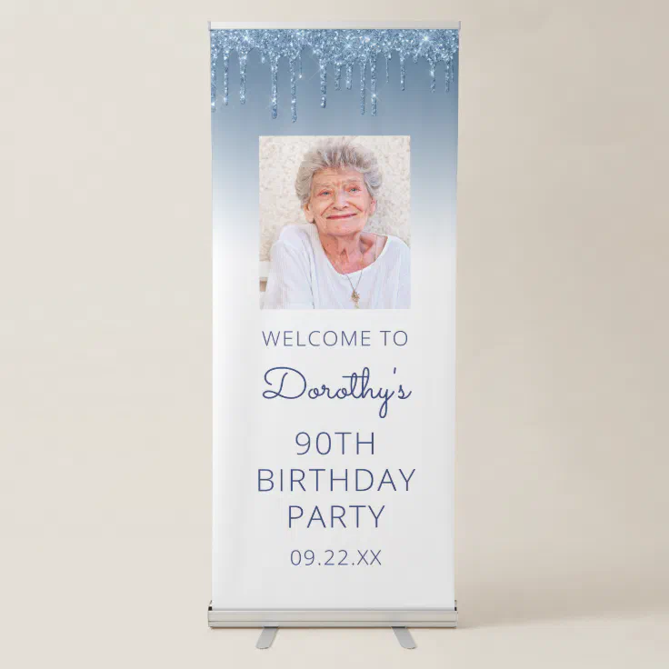 Blue Glitter Drip Custom Photo 90th Birthday Party Retractable Banner ...