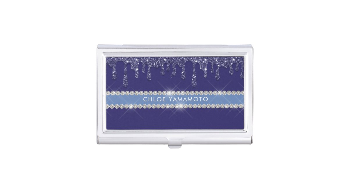 Blue Glitter Drip Diamond Custom Name Business Card Case | Zazzle