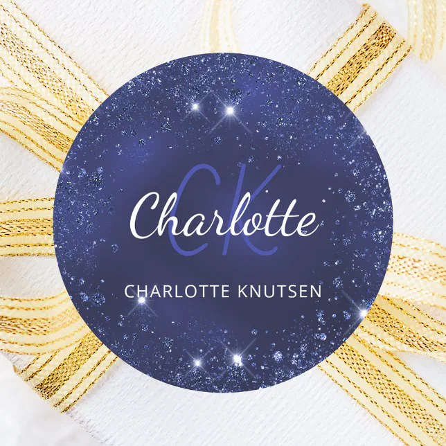Blue glitter dust monogram name classic round sticker | Zazzle