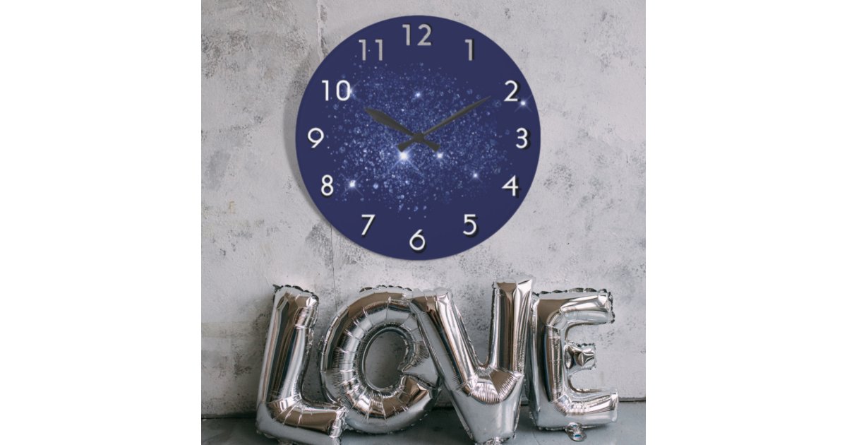 Blue glitter dust sparkle large clock | Zazzle