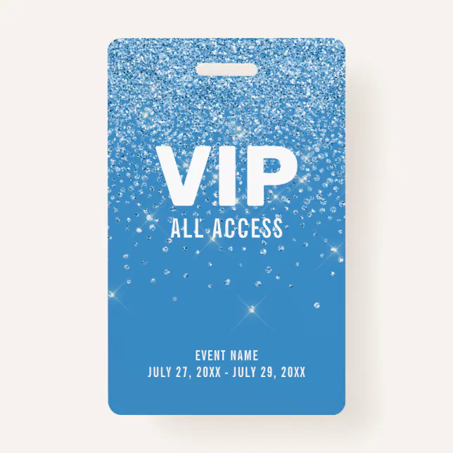 Blue Glitter Glam VIP All Access Pass Event ID Badge | Zazzle
