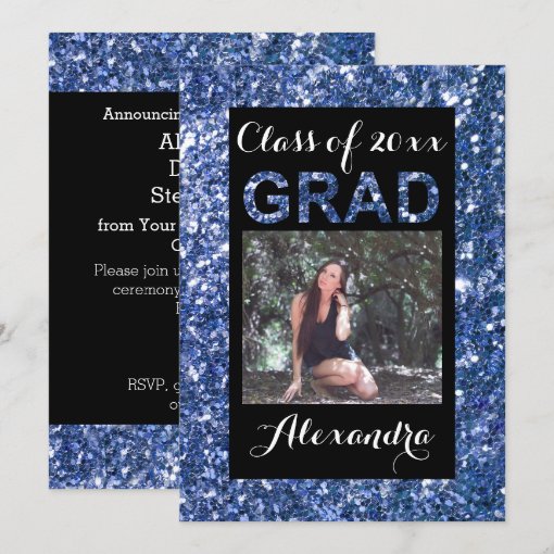 Blue Glitter-Look 1 Photo Graduation Invitation | Zazzle