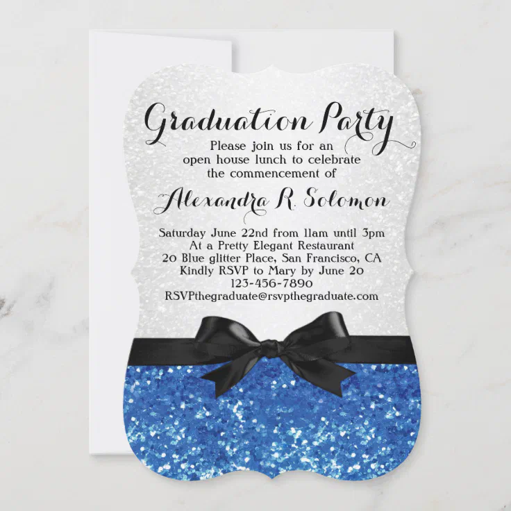 Blue Glitter-look Bow Graduation Party Invitation | Zazzle
