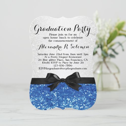 Blue Glitter-look Bow Graduation Party Invitation | Zazzle