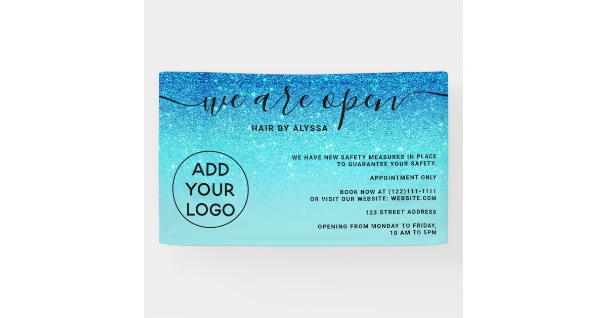 Blue glitter ombre logo blush pink We're open Banner | Zazzle