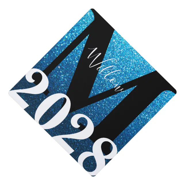 Blue Glitter Ombre Monogram Name Graduation Graduation Cap Topper | Zazzle