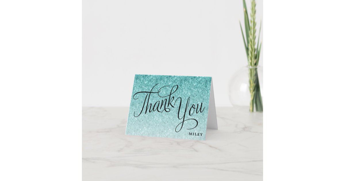 Blue Glitter Personalized Fancy Script Thank You | Zazzle