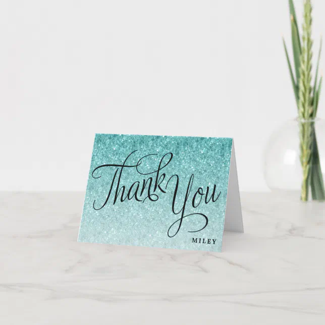 Blue Glitter Personalized Fancy Script Thank You | Zazzle