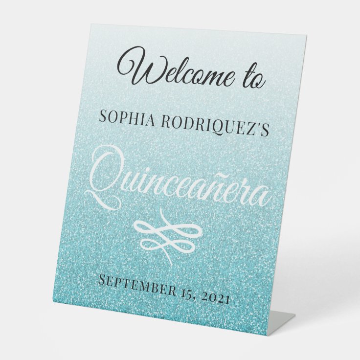 Blue Glitter Quinceañera 15th Birthday Welcome Pedestal Sign | Zazzle