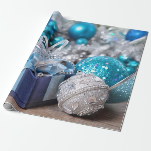 Blue Glitter, Silver Sparkle, Ornaments, Christmas Wrapping Paper | Zazzle