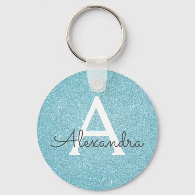 Blue Glitter & Sparkle Monogram Keychain | Zazzle
