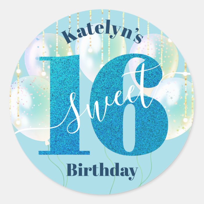 Blue Glitter Sweet 16 Birthday Balloons Script Classic Round Sticker ...