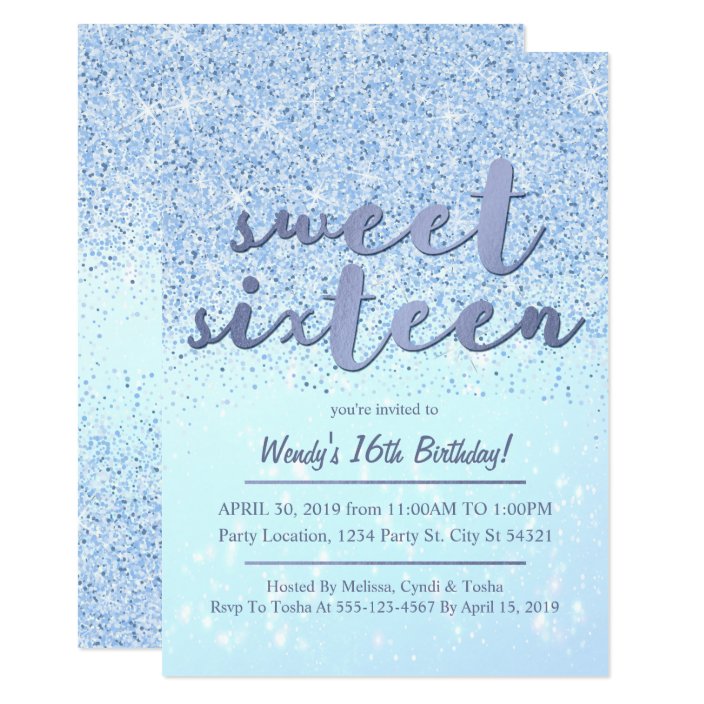 Blue Glitter Sweet 16 Birthday Invitations | Zazzle.com