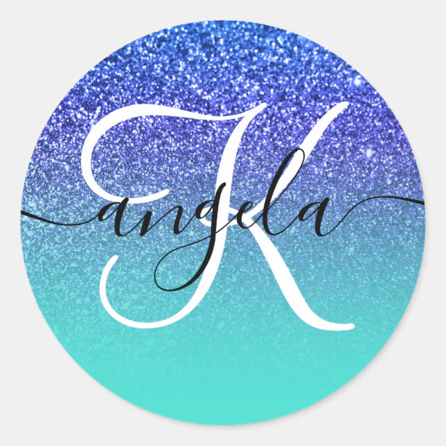 Blue Glitter Turquoise Ombre Monogrammed Classic Round Sticker | Zazzle