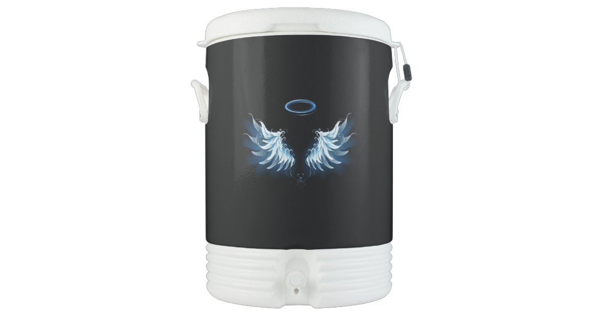Blue Glowing Angel Wings on black background Beverage Cooler | Zazzle