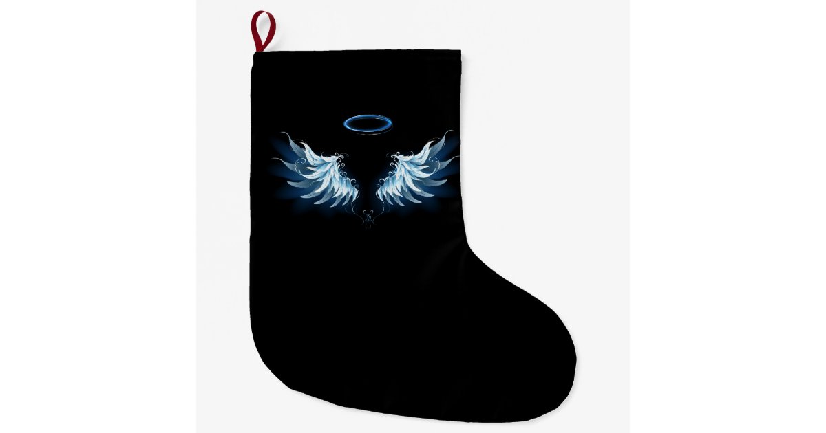 Blue Glowing Angel Wings on black background Large Christmas Stocking ...