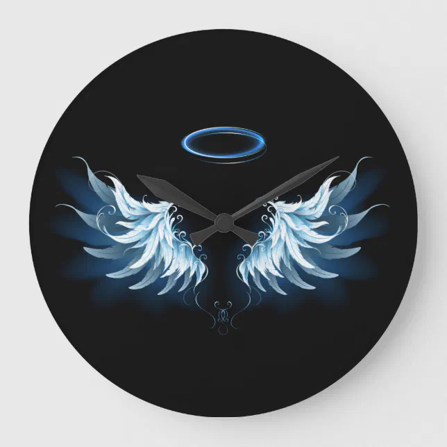 Blue Glowing Angel Wings on black background Large Clock | Zazzle