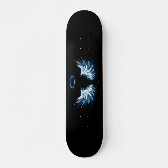 Blue Glowing Angel Wings on black background Skateboard | Zazzle