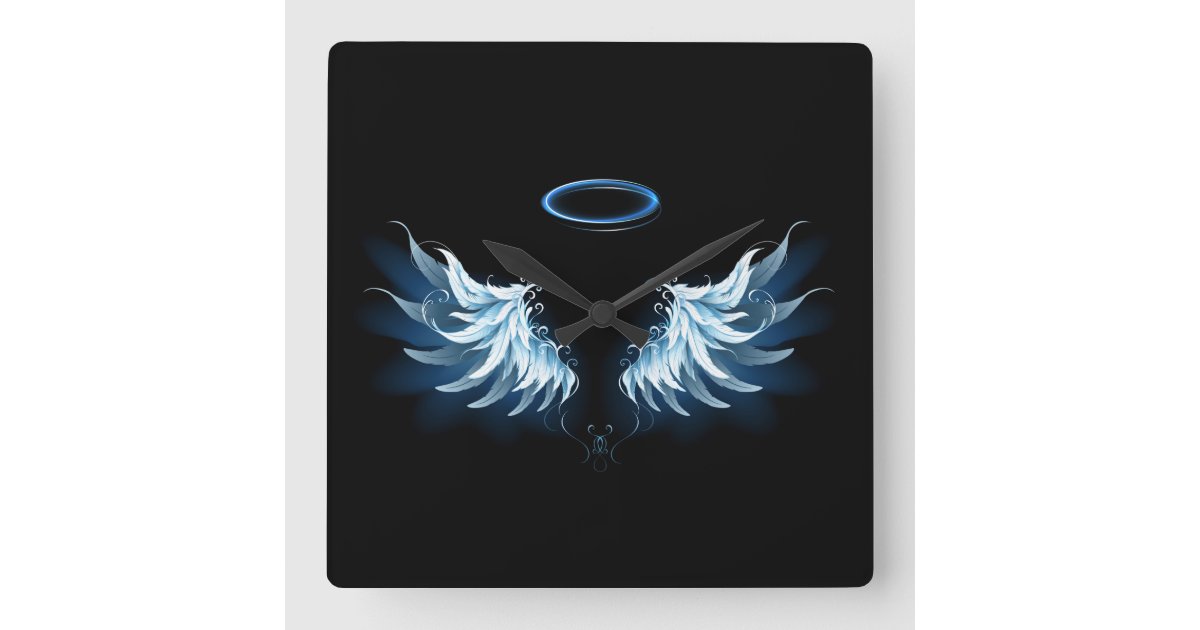 Blue Glowing Angel Wings on black background Square Wall Clock | Zazzle