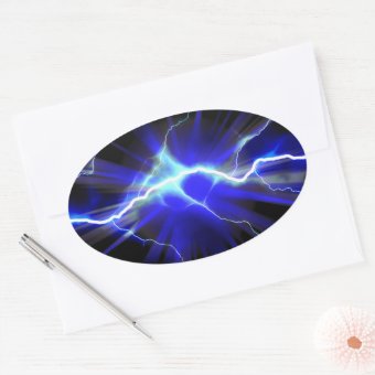 Blue glowing lightning or electricity oval sticker | Zazzle