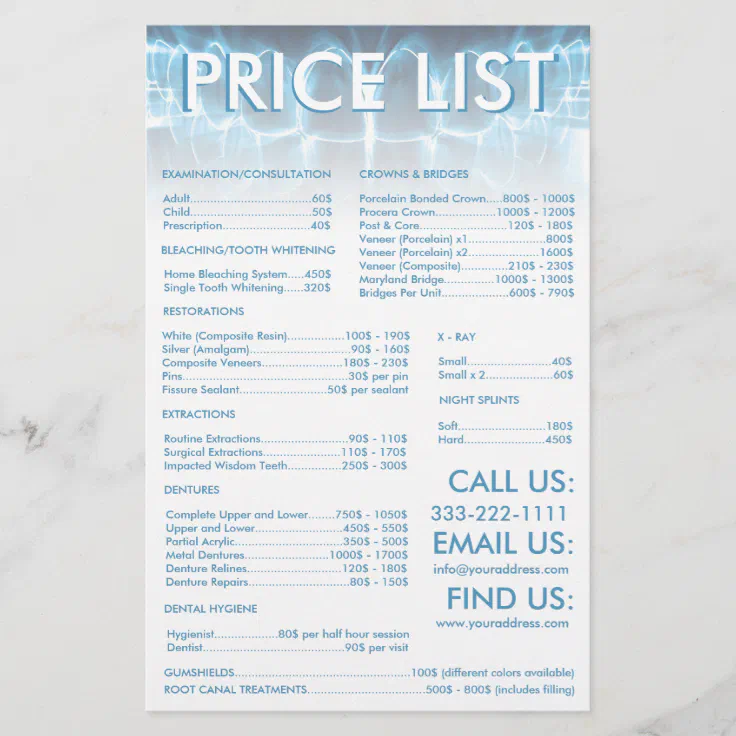 Blue Glowing Teeth Smile Dentist Price List Stationery | Zazzle