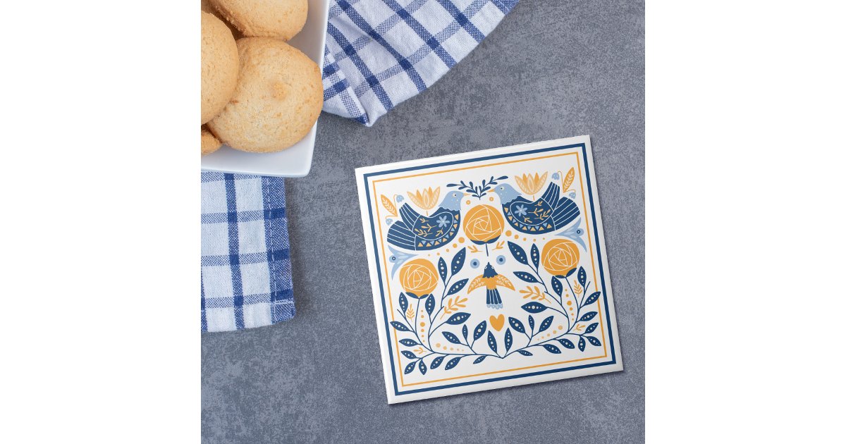 Blue Gold Bird Hygge Pattern Ceramic Tile | Zazzle