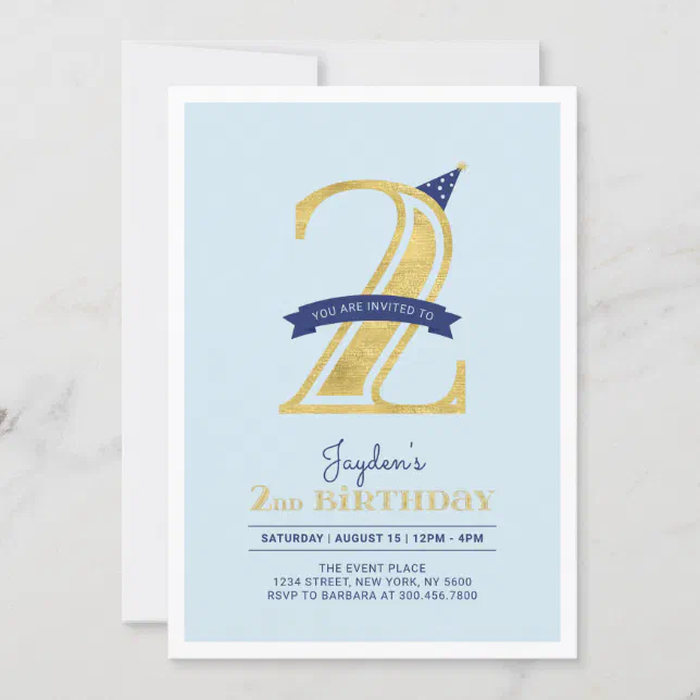 Blue & Gold | Boy 2nd Birthday Party Invitation | Zazzle
