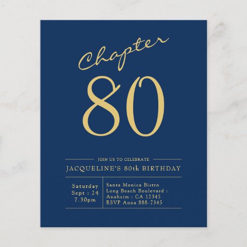 Blue Gold Budget 80th Birthday Invitation Flyer | Zazzle