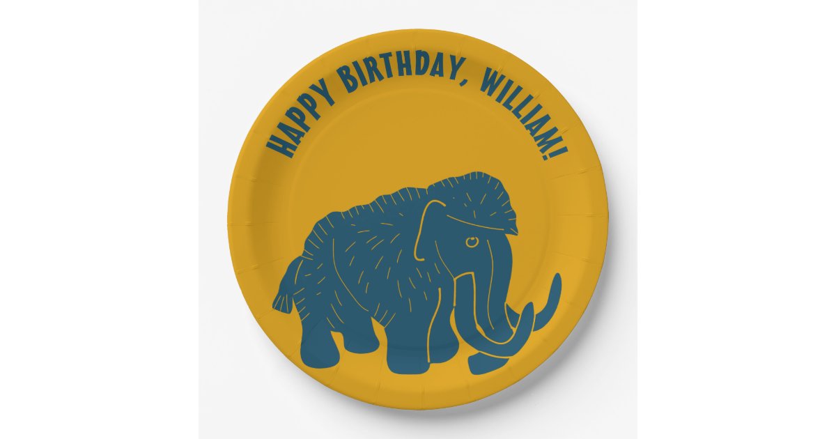 Blue & Gold Cartoon Woolly Mammoth Personalized Paper Plates | Zazzle