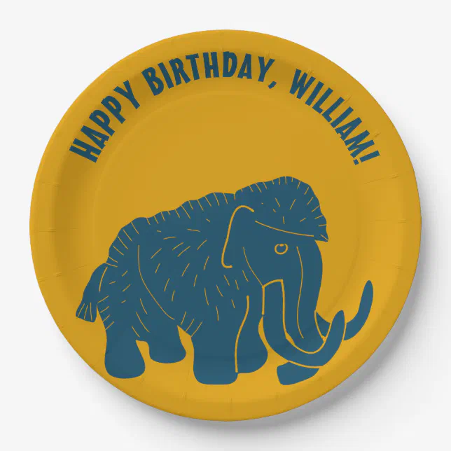 Blue & Gold Cartoon Woolly Mammoth Personalized Paper Plates | Zazzle