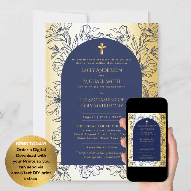 Blue Gold Catholic Nuptial Mass Wedding Invitation | Zazzle