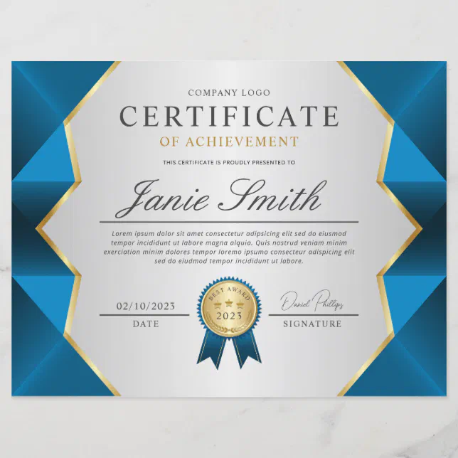 Blue Gold Certificate Of Achievement Award | Zazzle